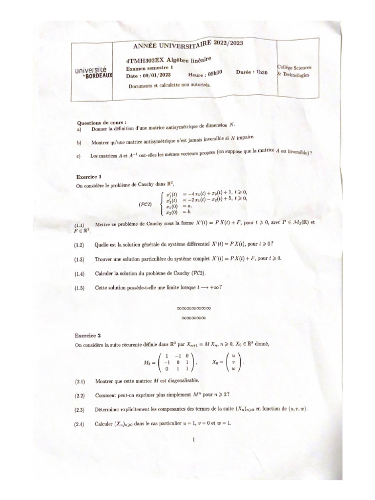 Partiel Algèbre (2022-2023) | PDF