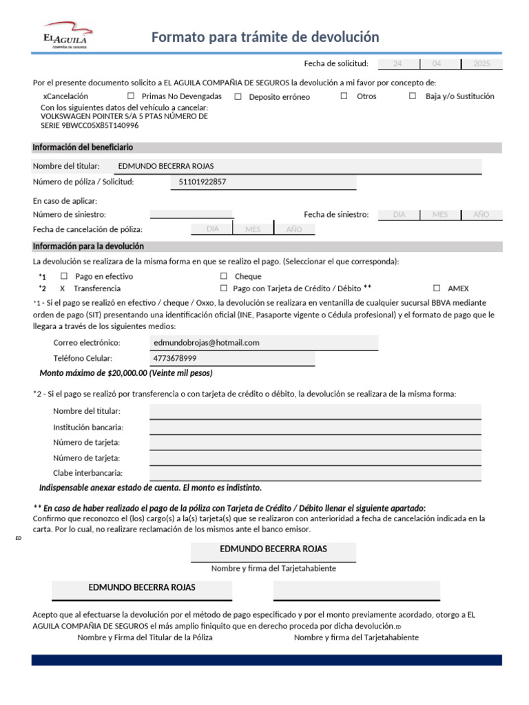 Formato Devolucion (Cancelacion) Ok | PDF | Tarjeta de débito | Tarjeta de crédito