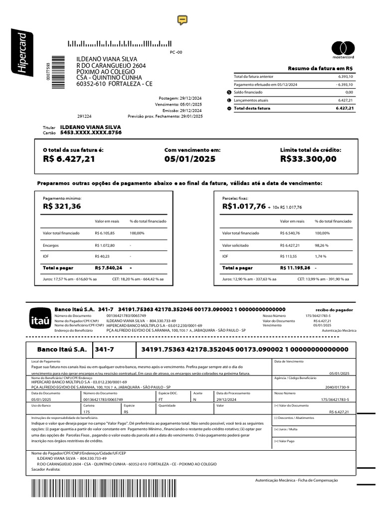 Fatura Itau 20250106-140626 | PDF | Seguro | Juros