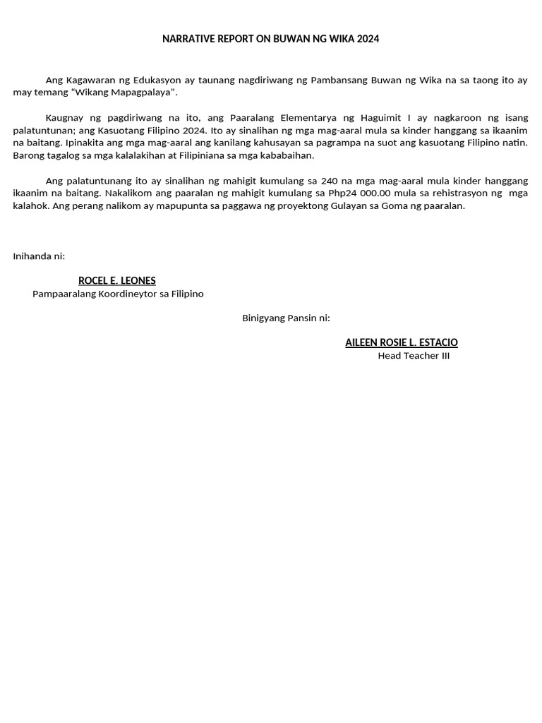 Narrative Report On Buwan NG Wika 2024 | PDF