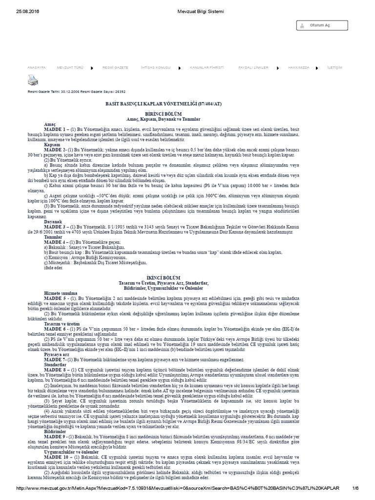 8 Basit Basincli Kaplar Hakkinda Yonetmelik | PDF