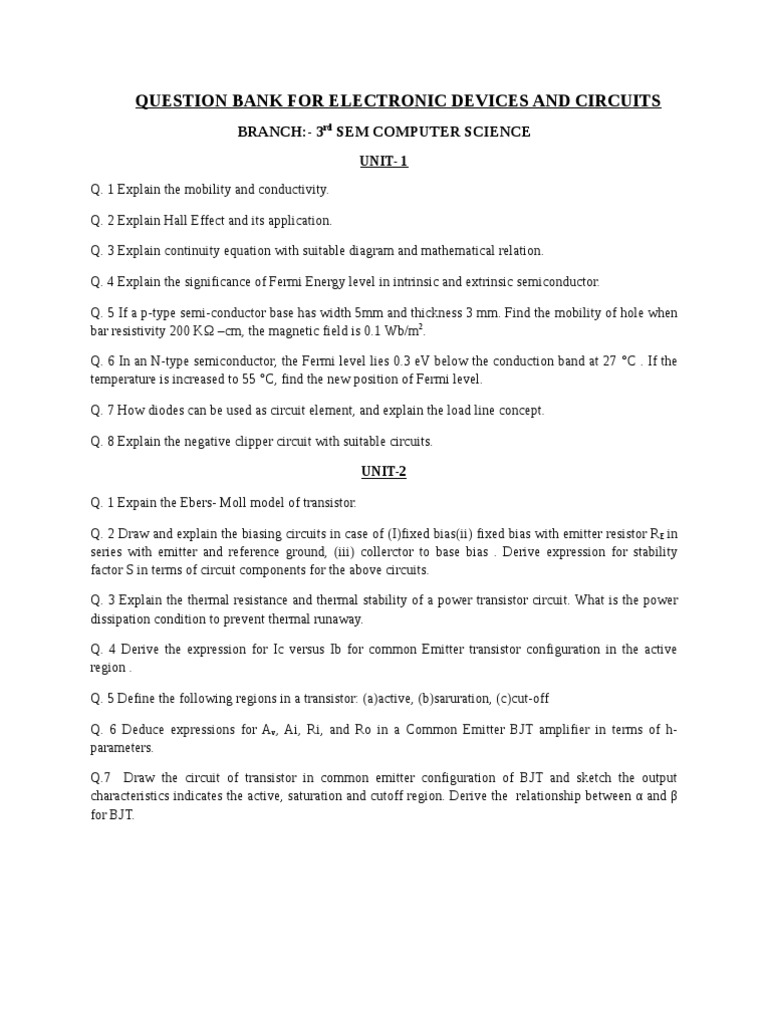 EDC Question Bank 3rd Sem | PDF | Amplifier | Bipolar Junction Transistor