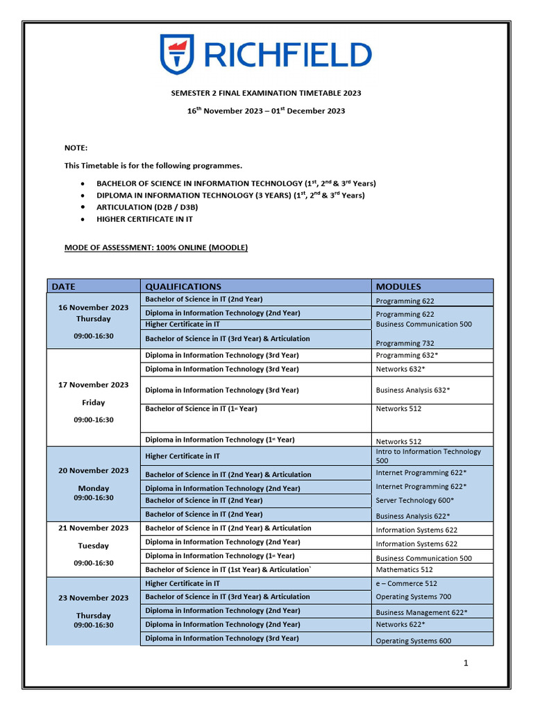 Semester 2 Exam Timetable 2023 | PDF | Diploma | Vocational Education