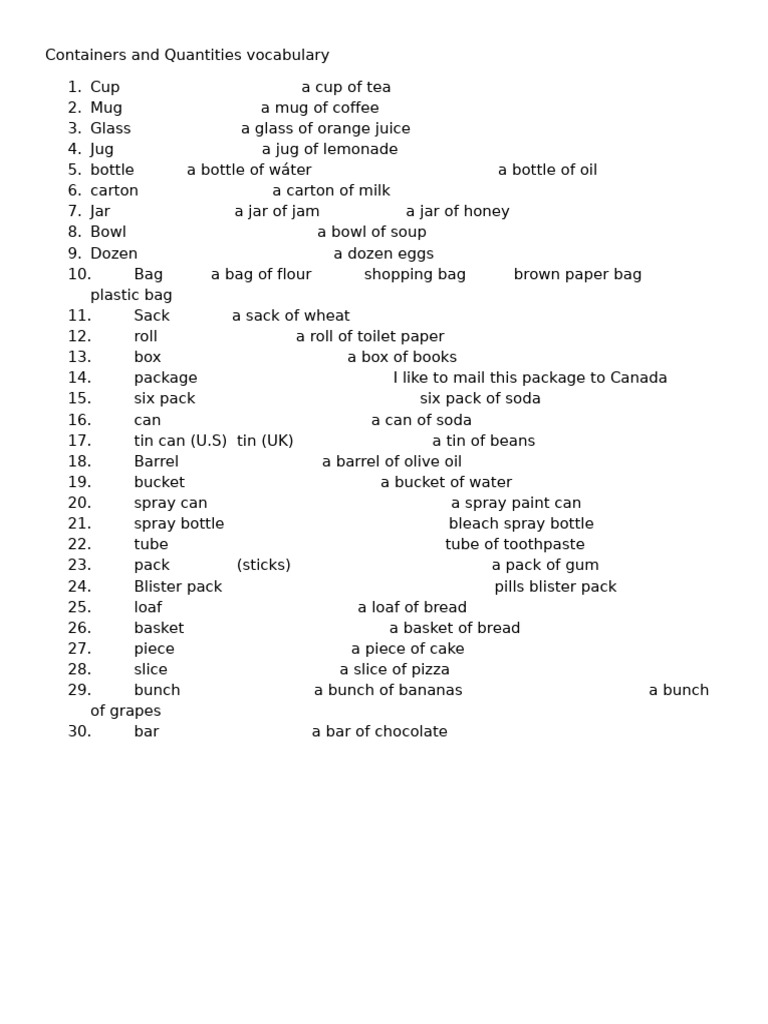 Containers and Quantities Vocabulary | PDF | Cakes | Breads