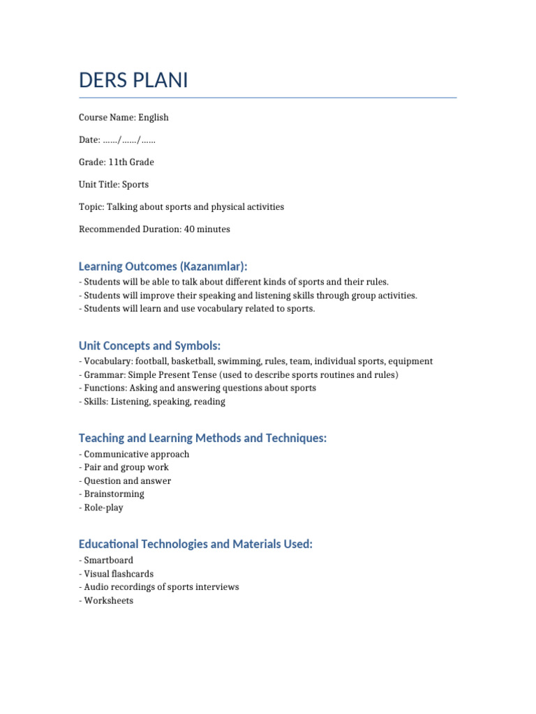 11th Grade Sports Lesson Plan | PDF | Vocabulary | Sports