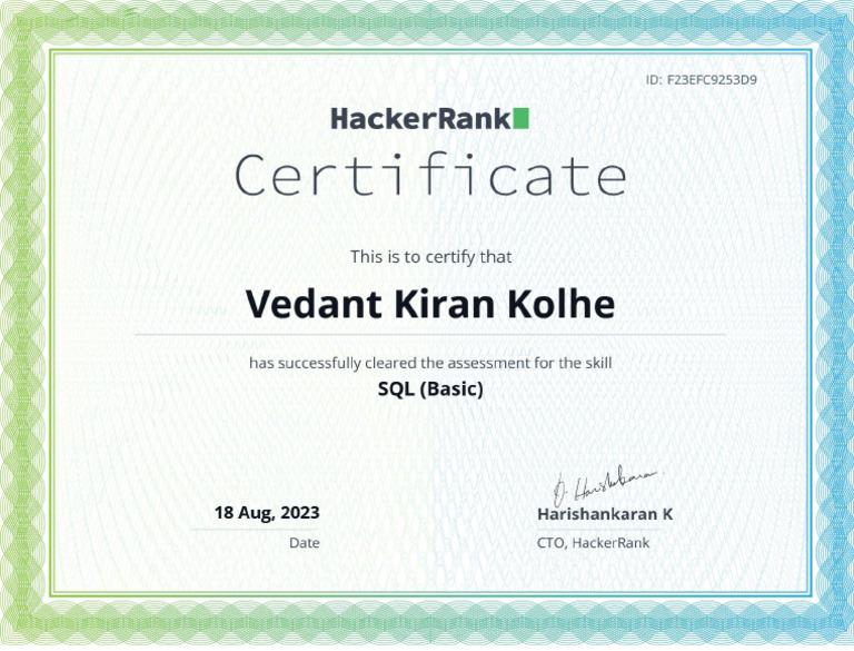 SQL Basic HackerRank Certificate 1743233805 | PDF