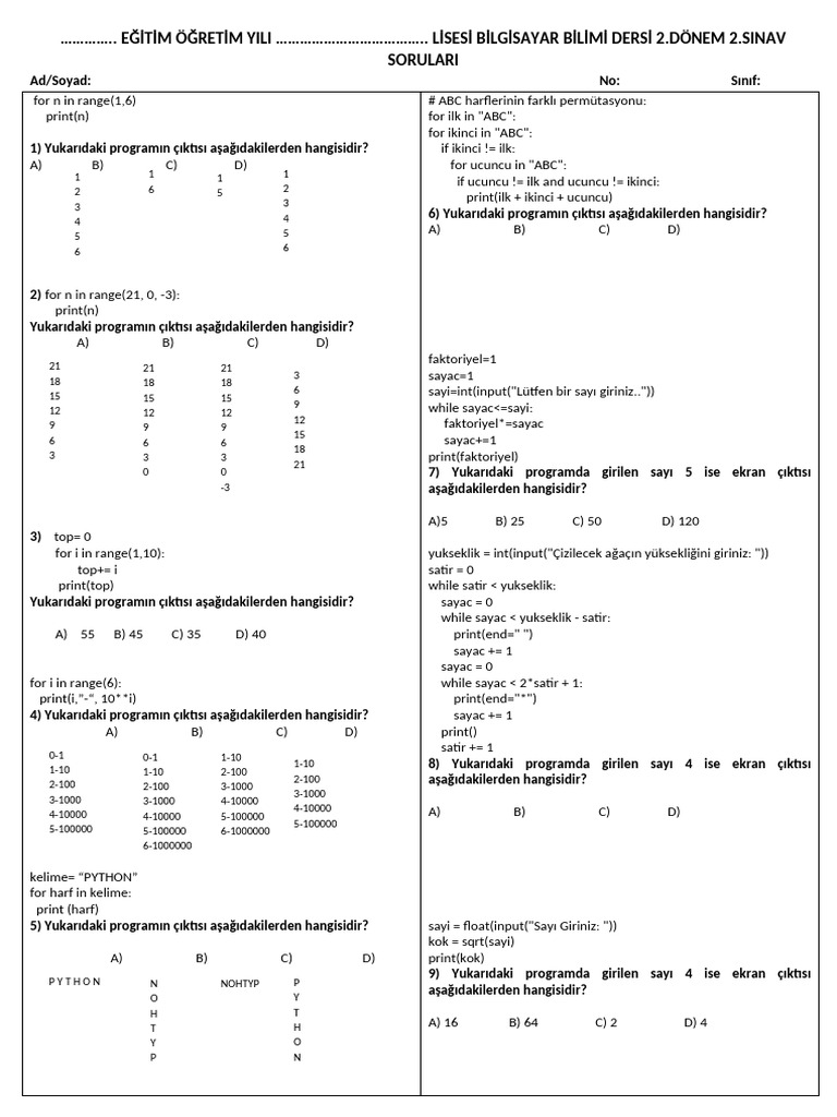 Lise Bilgisayar Bilimi Dersi 2. Donem 2. Sinav Sorulari Ornek 1 | PDF