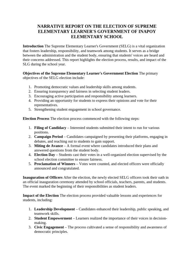 Narrative Report On The Election of Supreme Learner | PDF | Elections ...