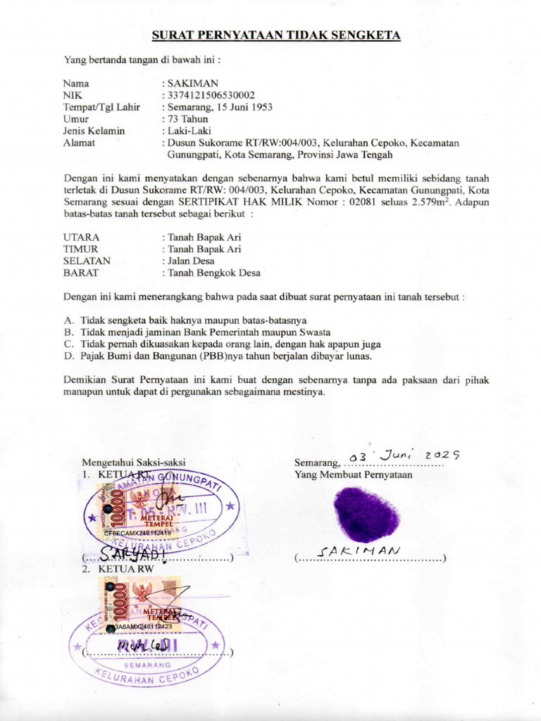 Surat Pernyataan / Keterangan TIDAK SENGKETA Diketahui RT RW | PDF