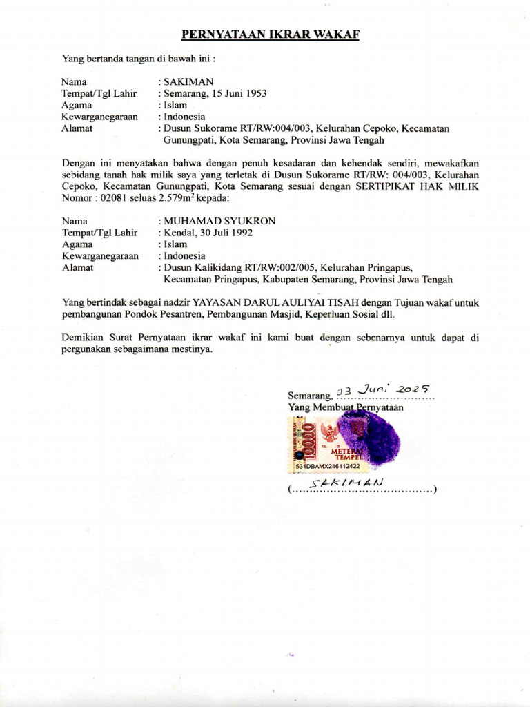 Surat PERNYATAAN IKRAR WAKAF PERSONAL | PDF