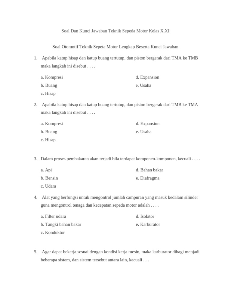 Soal Teknik Sepeda Motor Kelas X.xi | PDF