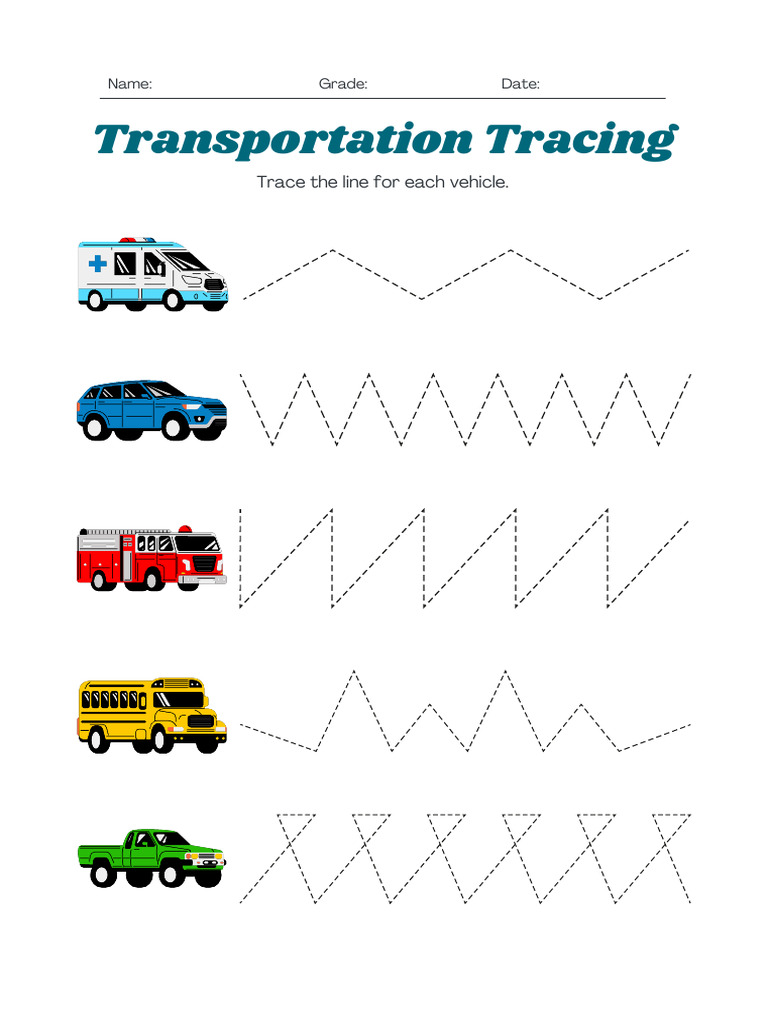 Pre-Writing Practice Worksheet With Cars in Simple Illustrative Style | PDF