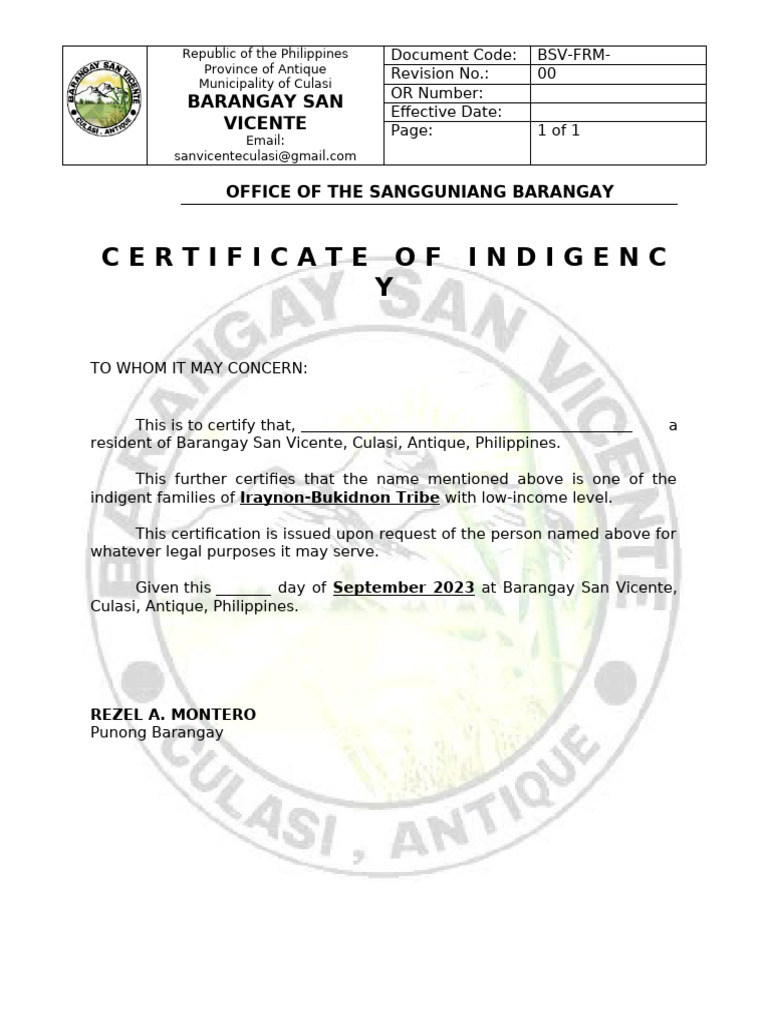 Certificate of Indigency - San Vicente | PDF