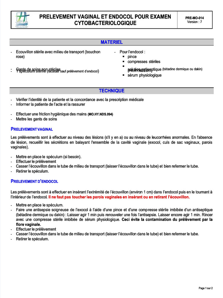 PDF Prelevement Vaginal Et Endocol Compress | PDF