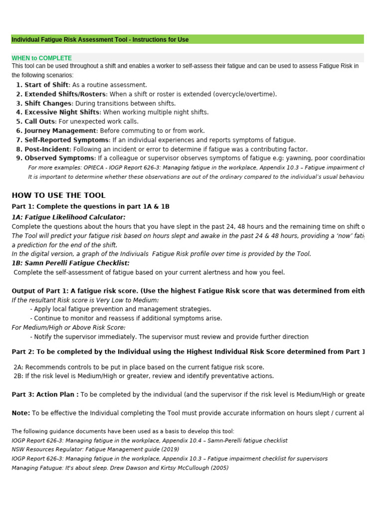 Individual Fatigue Risk Assessment Tool | PDF | Shift Work | Sleep