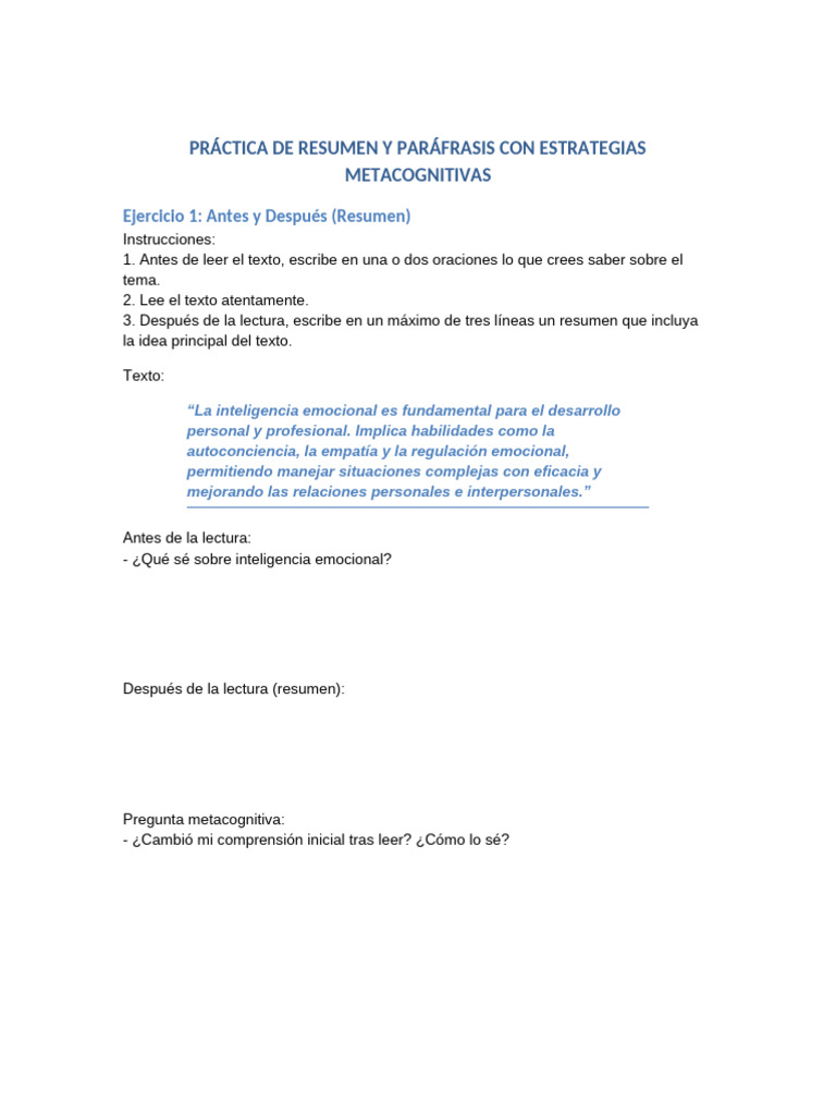 Practica Resumen Parafrasis Metacognicion | PDF