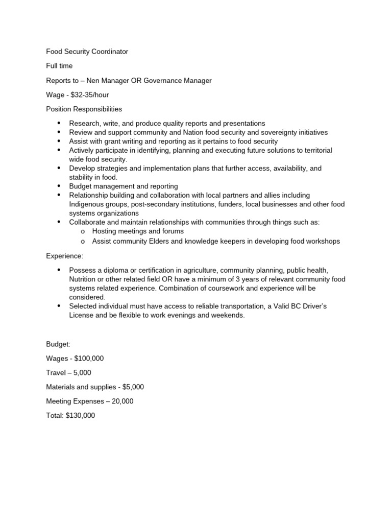 Food Security Coordinator | PDF