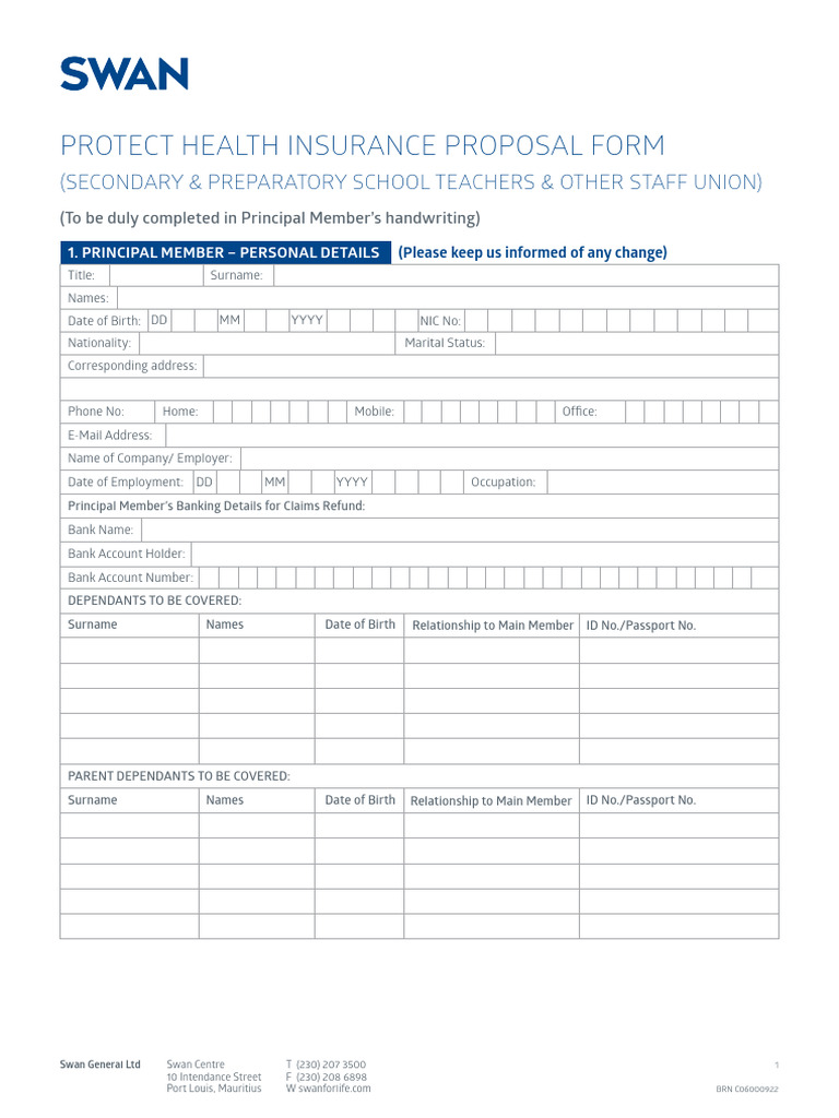 SWAN Protect Health - Proposal Form - SPSTSU-2 | PDF | Insurance | Edema