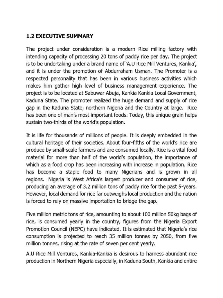 A.U Rice Mill Ventures: Business Plan | PDF | Rice | Nigeria