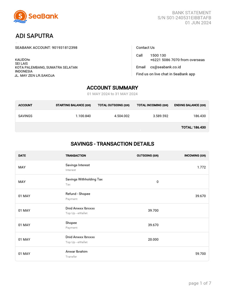 Seabank Statement 20240609 | PDF | Business | Public Finance