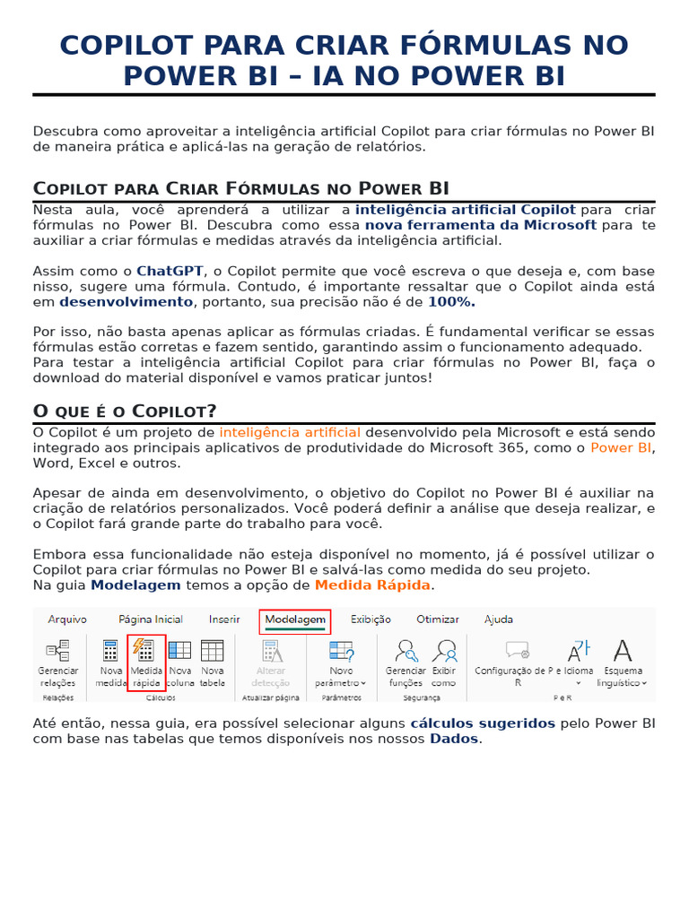 Copilot para Criar Fórmulas No Power Bi | PDF | Inteligência artificial | Inteligência ...