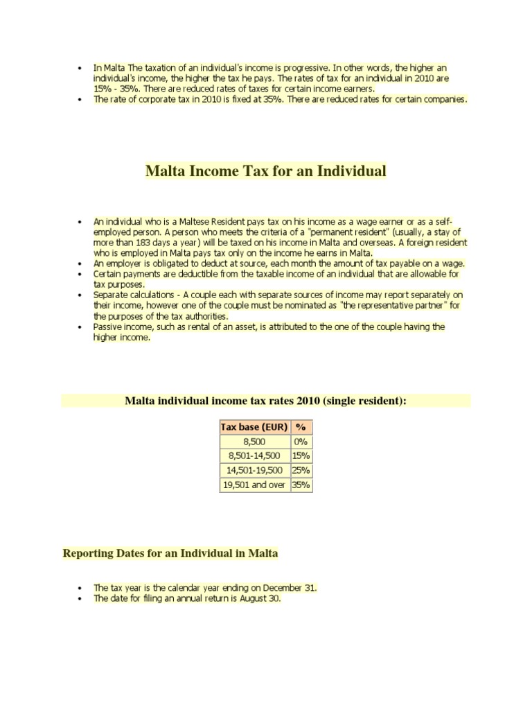 Malta Income Tax For An Individual | PDF | Corporate Tax | Taxes