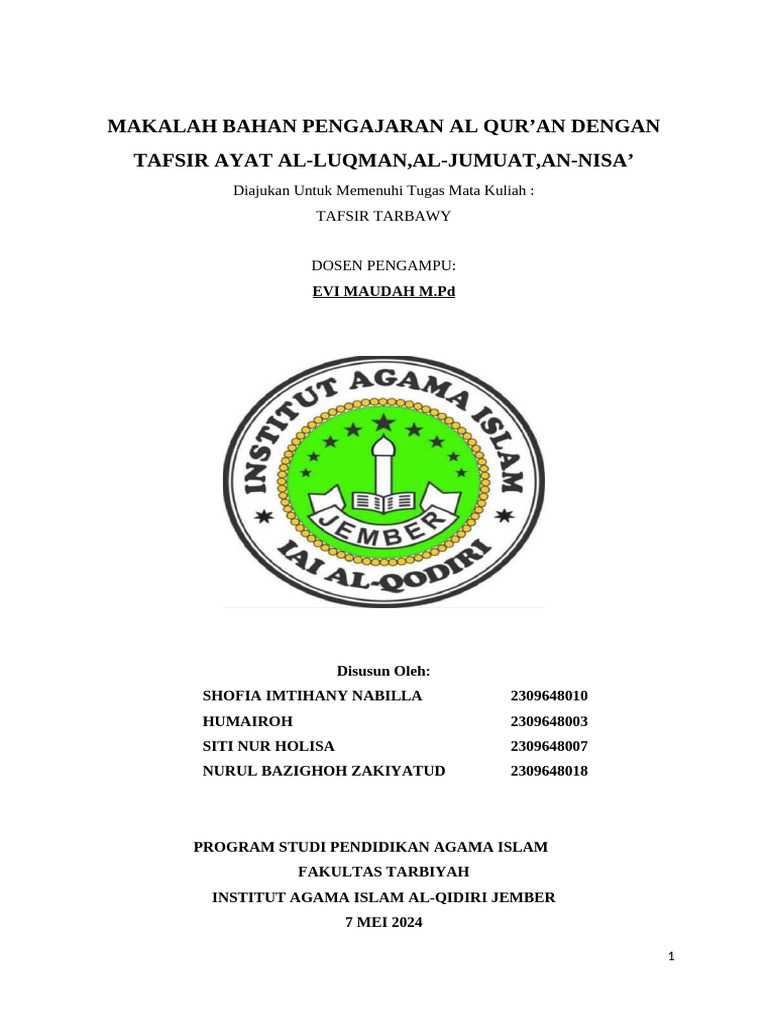 Tafsir Tarbawy Al-Qur'an: Surah Luqman, Jum'ah, Nisa | PDF