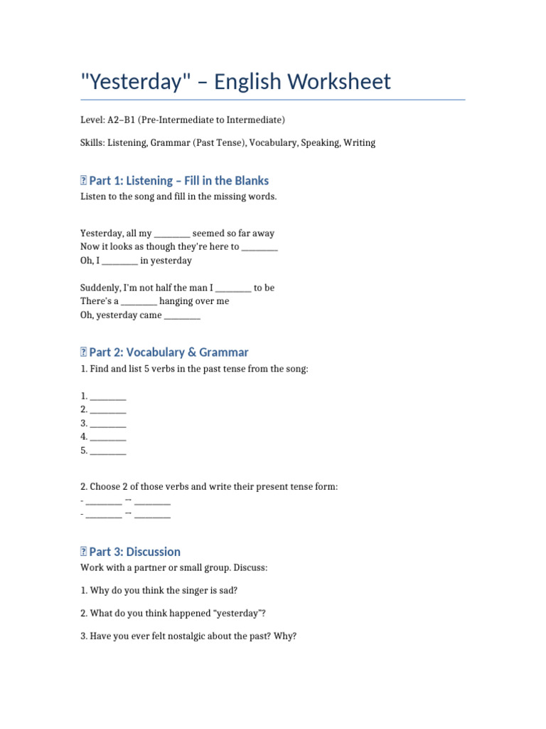 Yesterday Song Worksheet Activities | PDF
