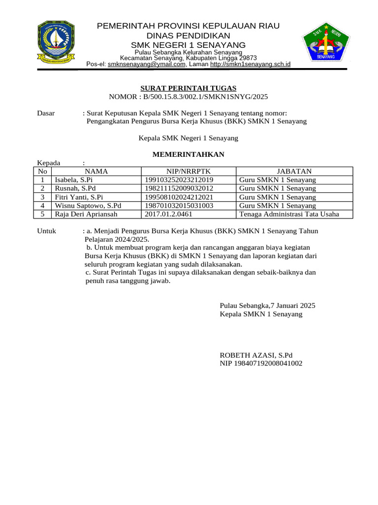 SK Pengurus BKK SMKN 1 Senayang 2024/2025 | PDF