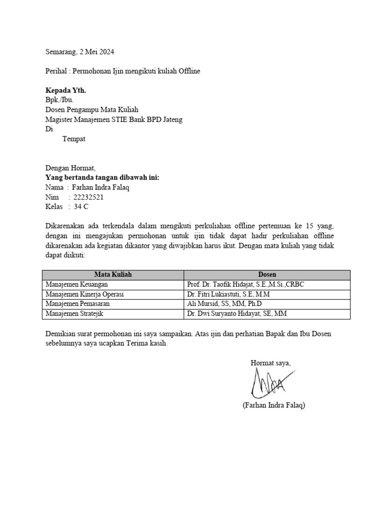 Farhan Indra Falaq_Surat Izin Tidak Mengikuti Kuliah Offline | PDF