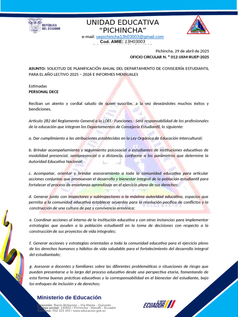 Oficio Circular n. º 012-Jjsm-ruep-2025 - Solicitud de Planificacion Anual Dece Año Lectivo 2025 ...