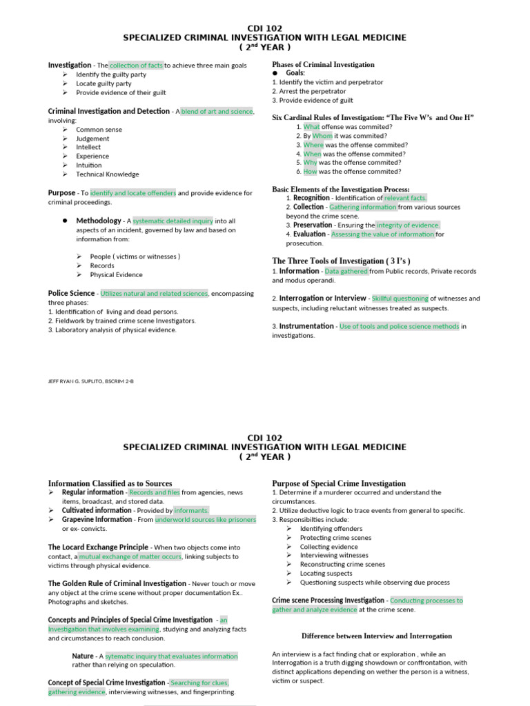 CDI 102 Specialized Crime Investigation With Legal Medicine (2ND YEAR) | PDF | Crime Scene ...