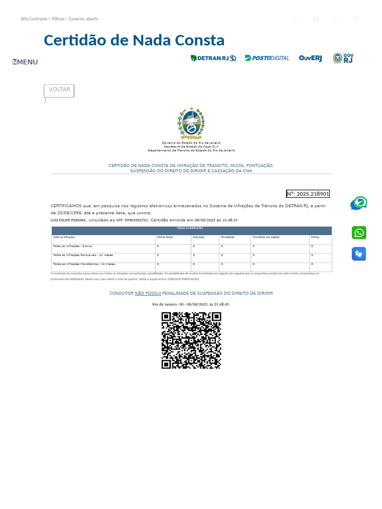 Certidao Nada Consta Detran RJ 2025 | PDF