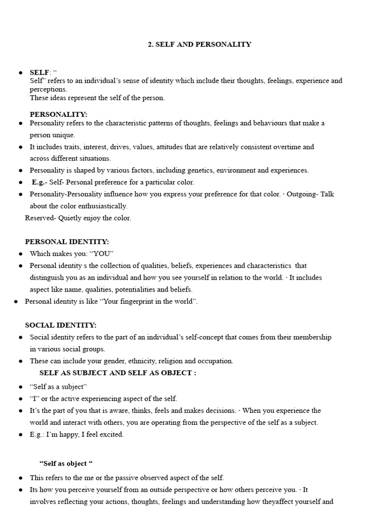 Chapter-2 Self and Personality Notes | PDF | Self Esteem | Self Concept