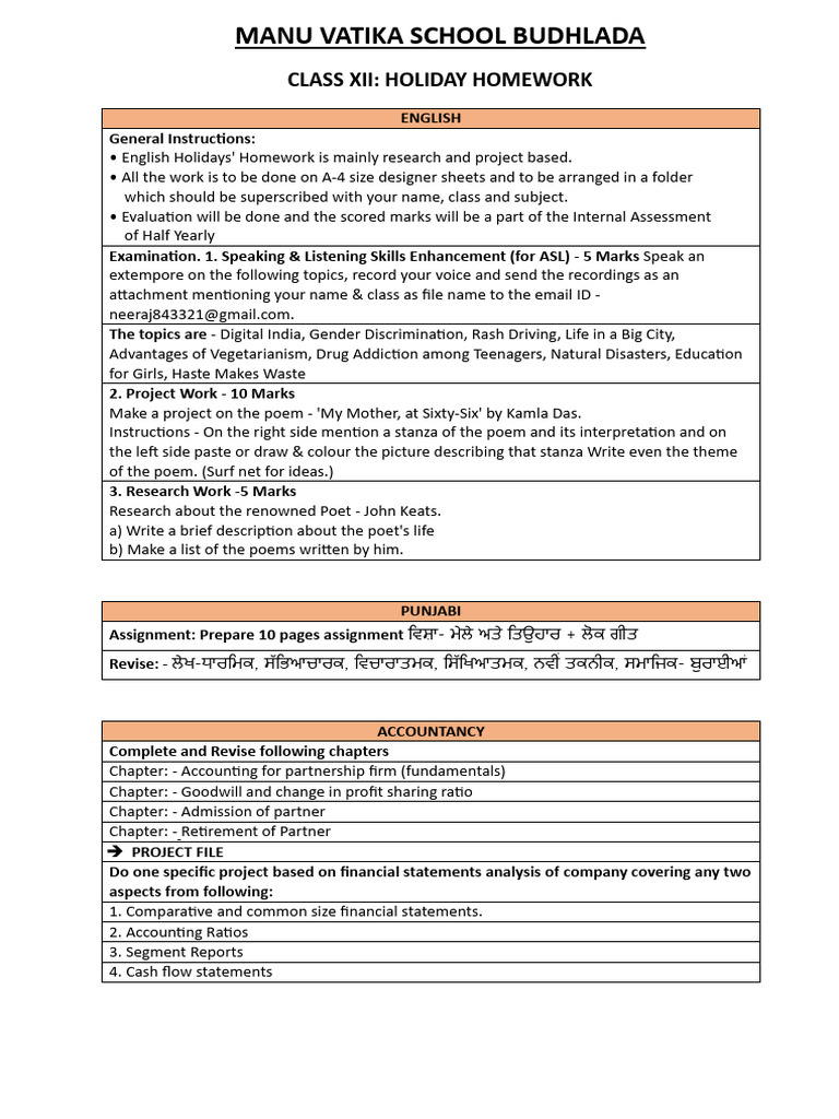 12th Class Holiday Homework | PDF