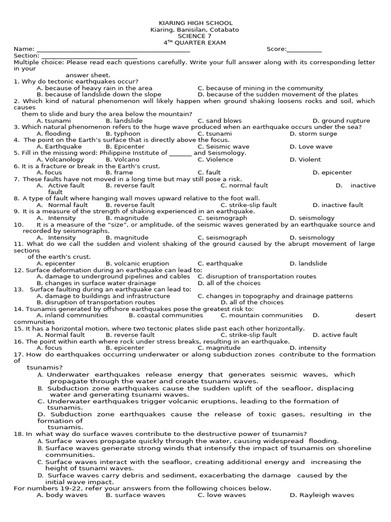 G7 4th Quarter Exam | PDF | Earthquakes | Atmosphere Of Earth