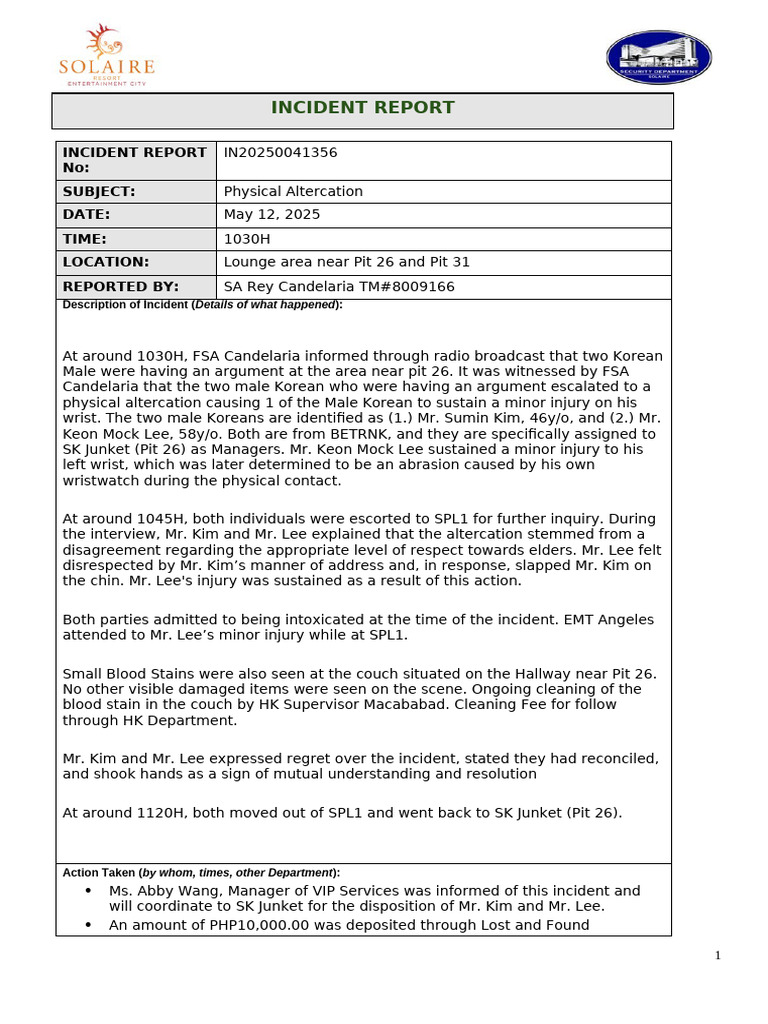 Physical Altercation Incident Report | PDF