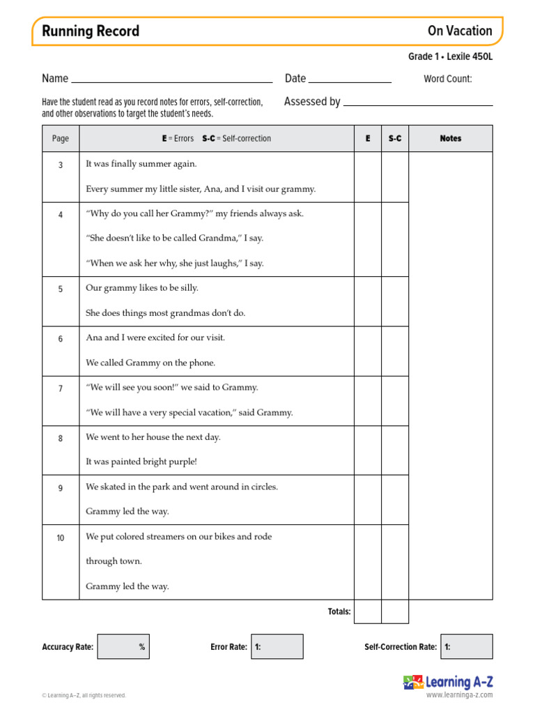 Grade 1 Running Record: On Vacation | PDF
