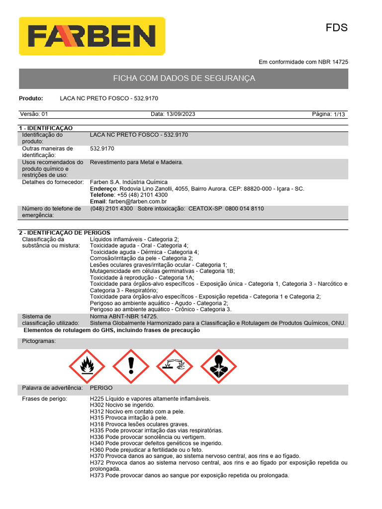 Z Fispq - Tinta Laca Nitrocelulose Preto Fosco Farben Rev 01 | PDF | Ácido nítrico