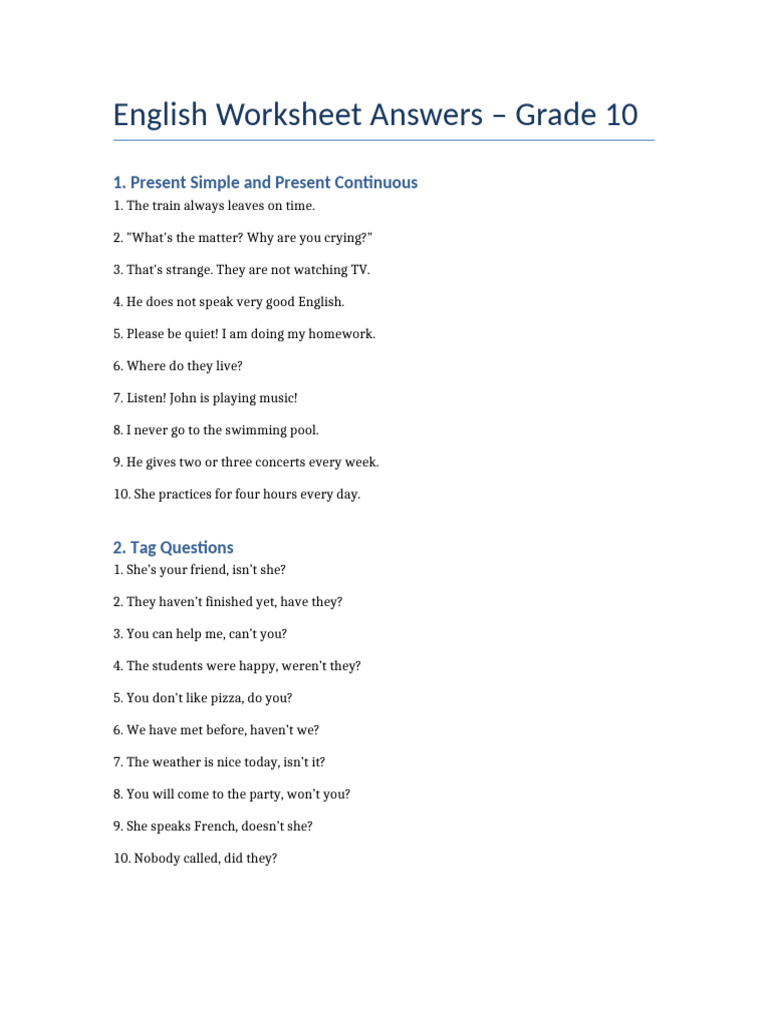 English Worksheet Answers Grade 10 | PDF