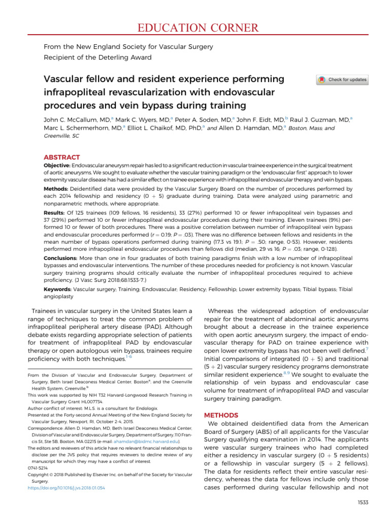 Vascular Fellow and Resident Experience Performing Infrapop 2018 ...