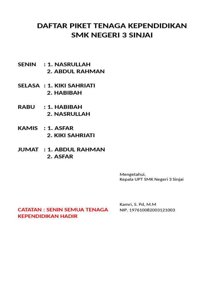 Daftar Piket Tenaga Kependidikan | PDF