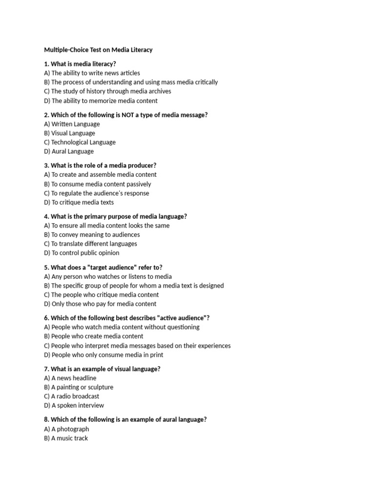 Media Literacy Quiz Answers | PDF | Media (Communication) | Human ...