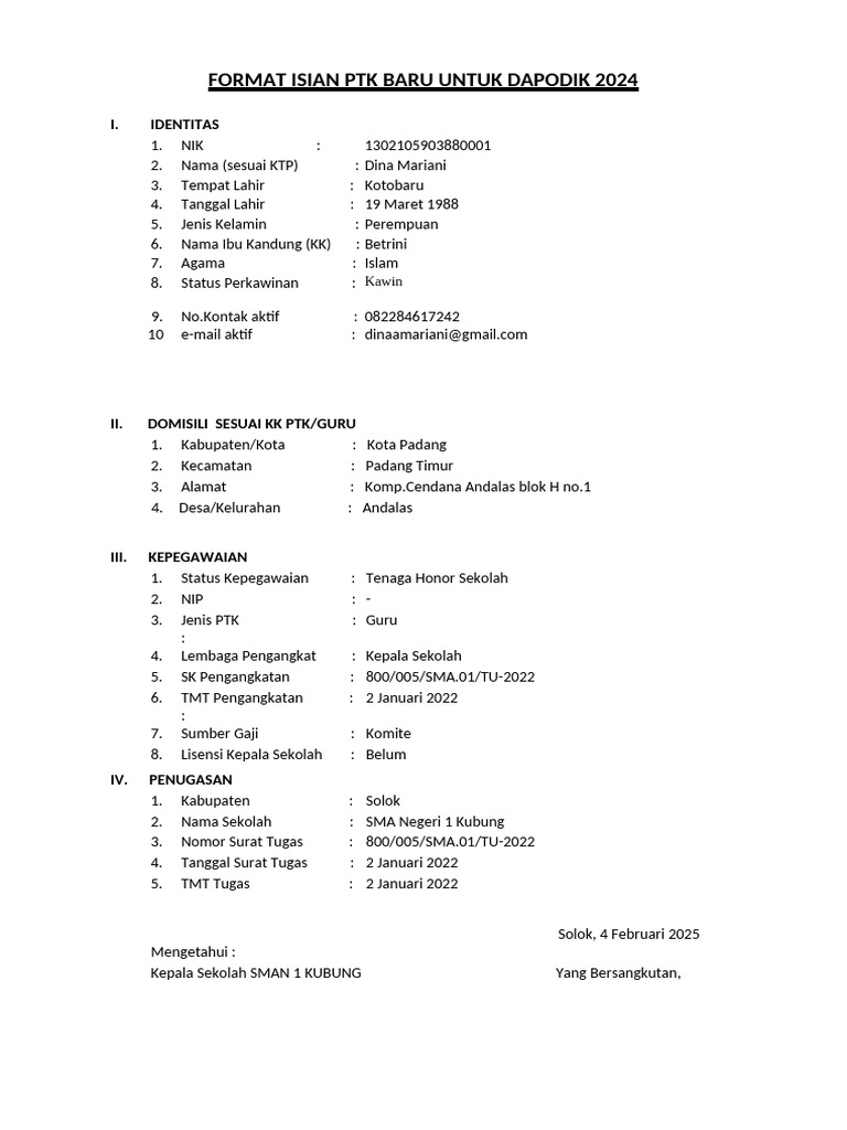 Format Isian PTK Baru Untuk Dapodik 2023 | PDF