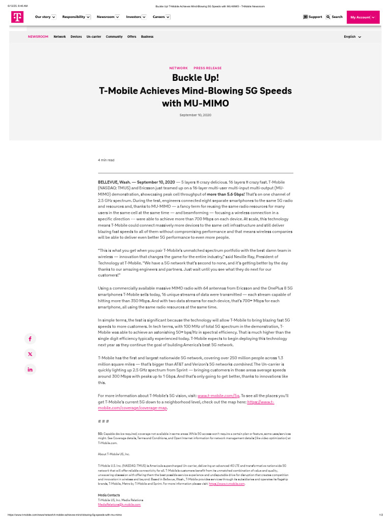 Buckle Up! T Mobile Achieves Mind-Blowing 5G Speeds With MU-MIMO - T Mobile Newsroom | PDF | T ...