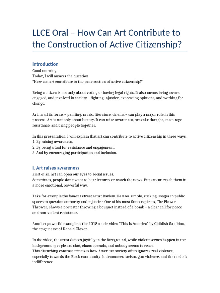 LLCE Oral Art and Citizenship | PDF
