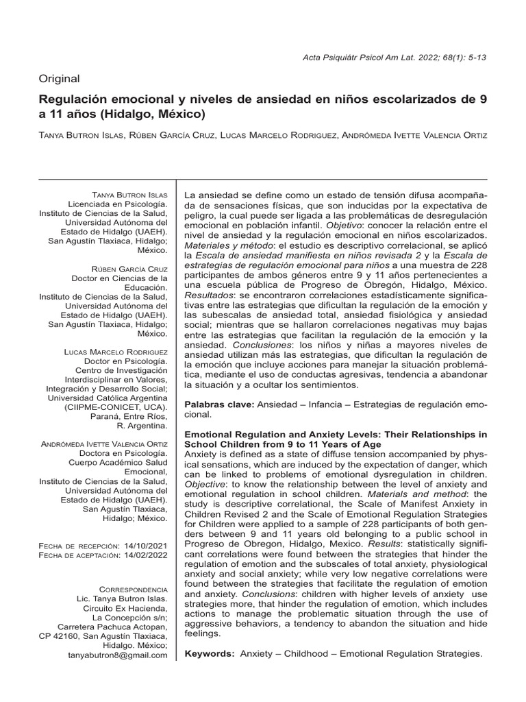 Regulación Emocional Niveles Ansiedad | PDF | Las emociones | Ansiedad