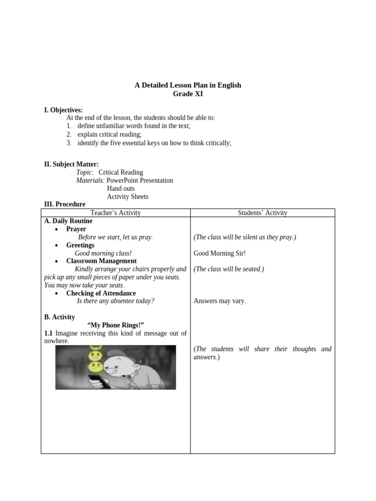 A Detailed Lesson Plan in English Grade | PDF | Critical Thinking ...