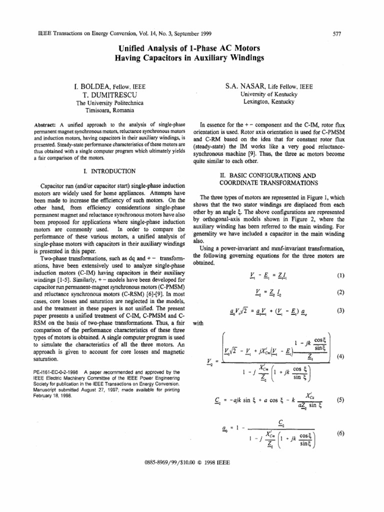 Unified Analysis of 1-Phase AC Motors Having Capacitors in Auxiliary Windings | PDF | Electric ...