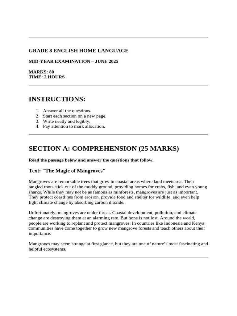Grade 8 English Mid-Year Exam 2025 | PDF | Mangrove | Coast